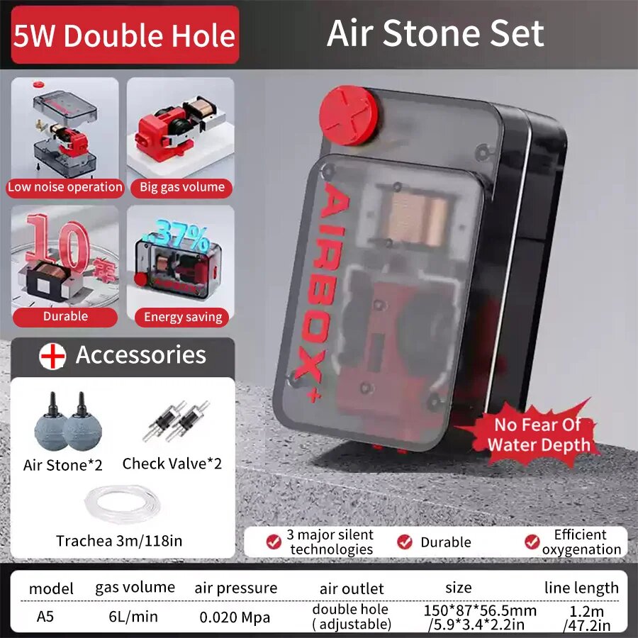 Бесшумный аквариумный насос Air Stone Set 5W-Grey