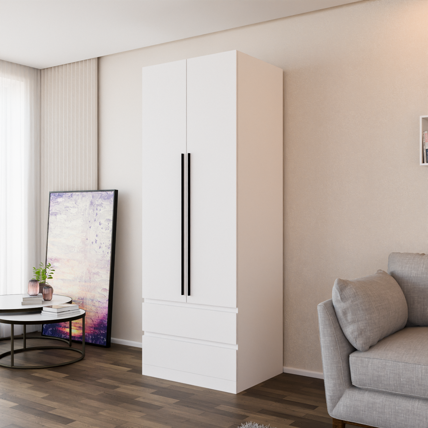 Шкаф распашной Рамира| Корпус ЛДСП Белый| Фасад ЛДСП Белый| Ручка черная