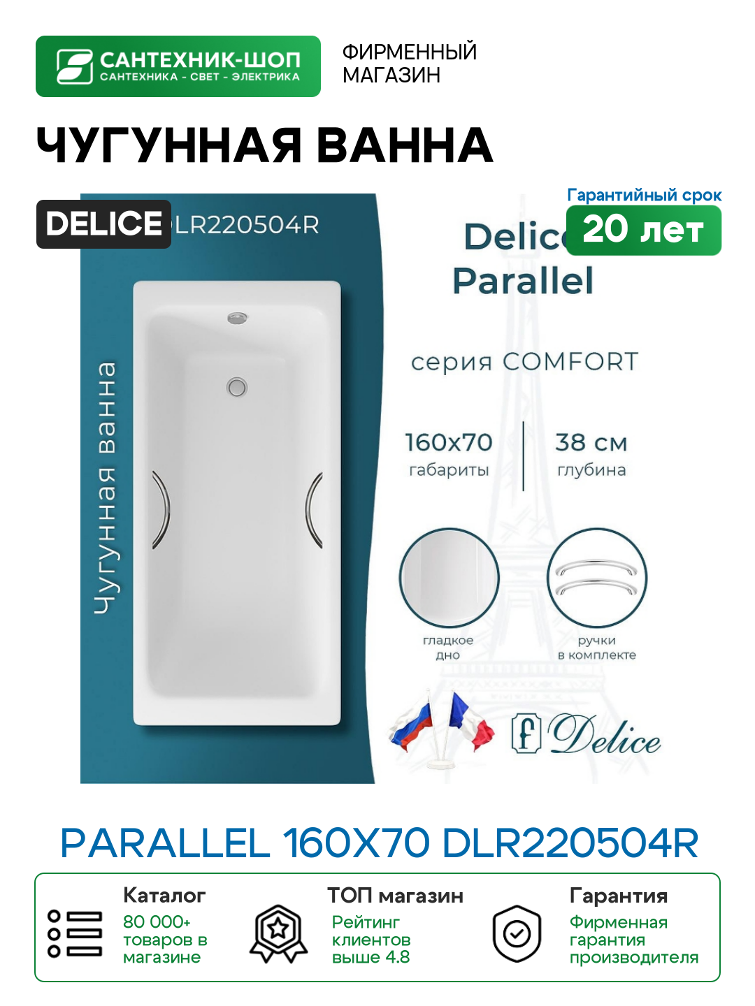 Чугунная ванна Delice Parallel 160x70 DLR220504R с ручками без антискользящего покрытия