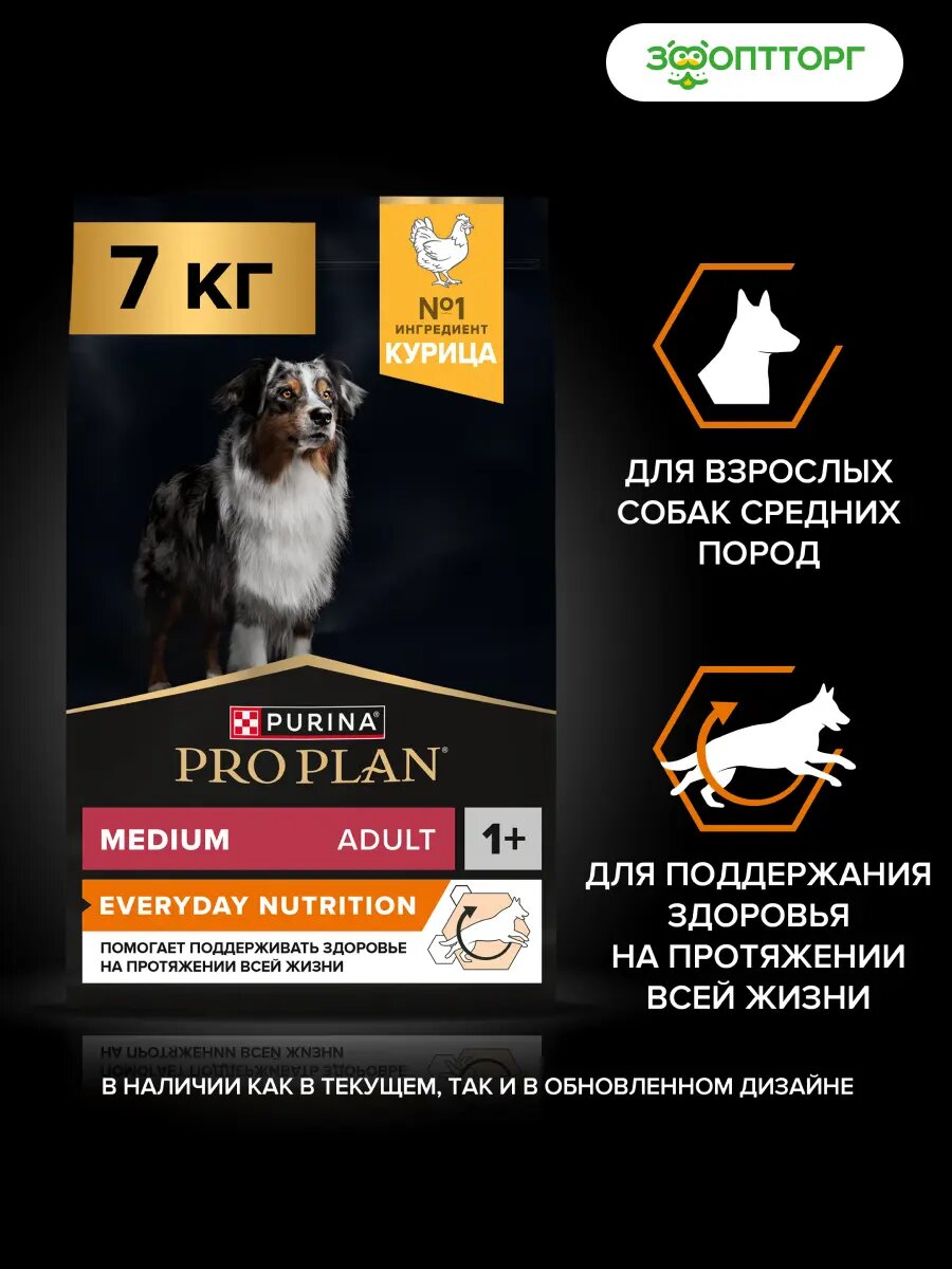 Сухой корм PRO PLAN EVERYDAY NUTRITION для взрослых собак средних пород Курица, 7 кг.
