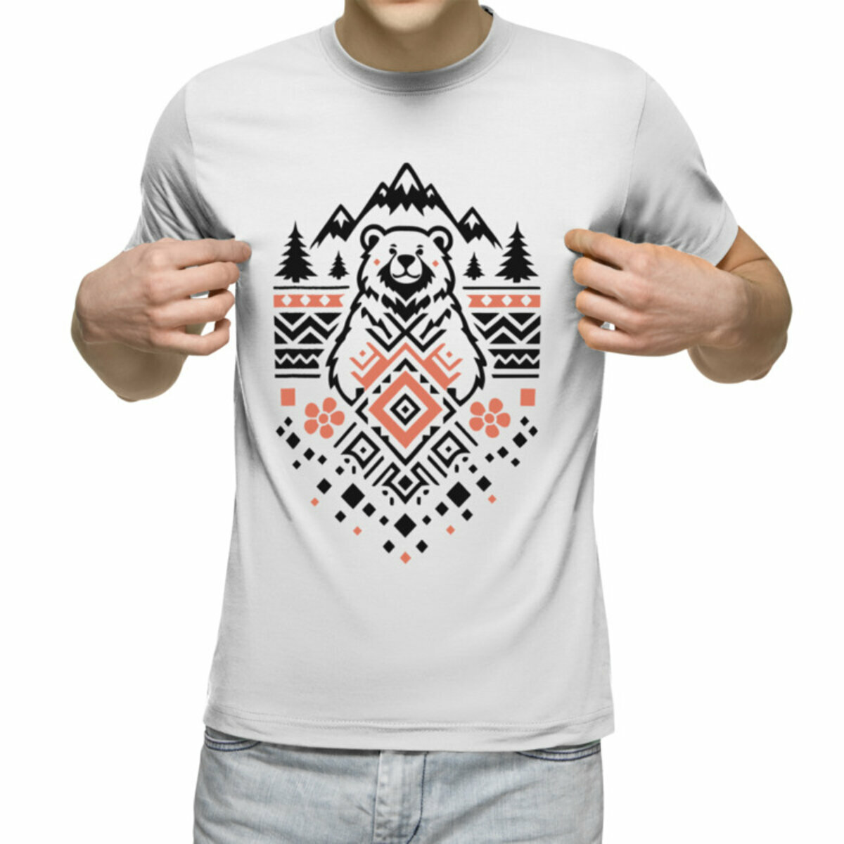 Мужская футболка «Медведь в горах. Славянский, русский узор» (белый, S)