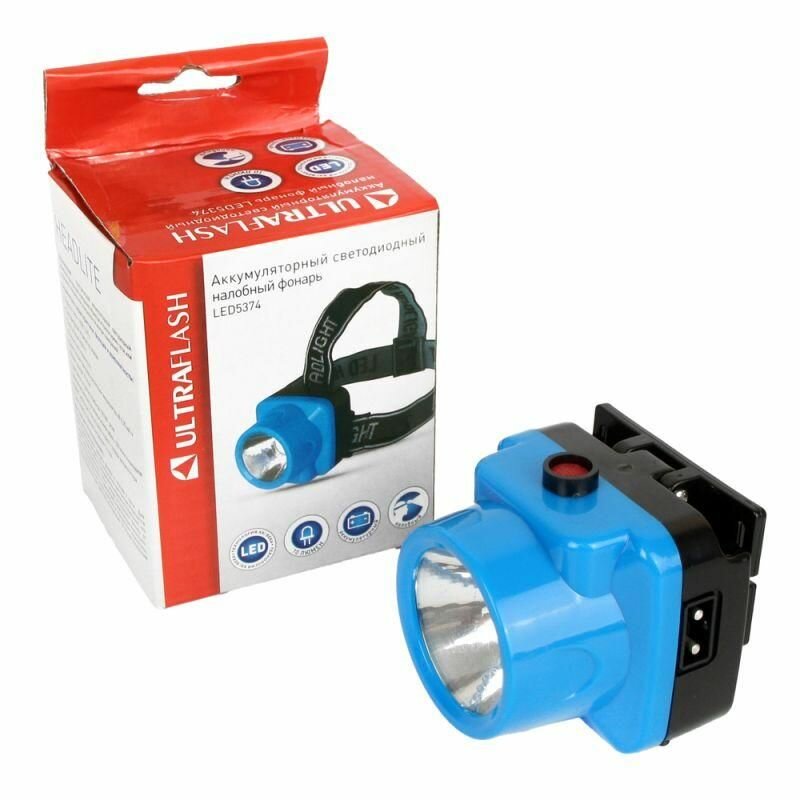 Фонарь налобный Ultraflash аккумуляторный, LED5374, LED, 1 режим, 220 В, пластик, голубой