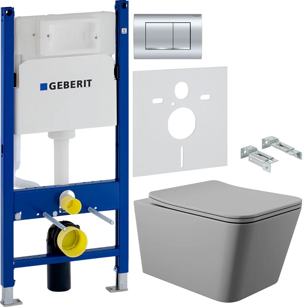 Комплект 3 в 1 Унитаз подвесной Aqueduto Macio MAC0130 / Инсталляция с кнопкой Geberit Duofix Delta 458.163.21.1 цвет хром / Звукоизоляция 156.050.00.1
