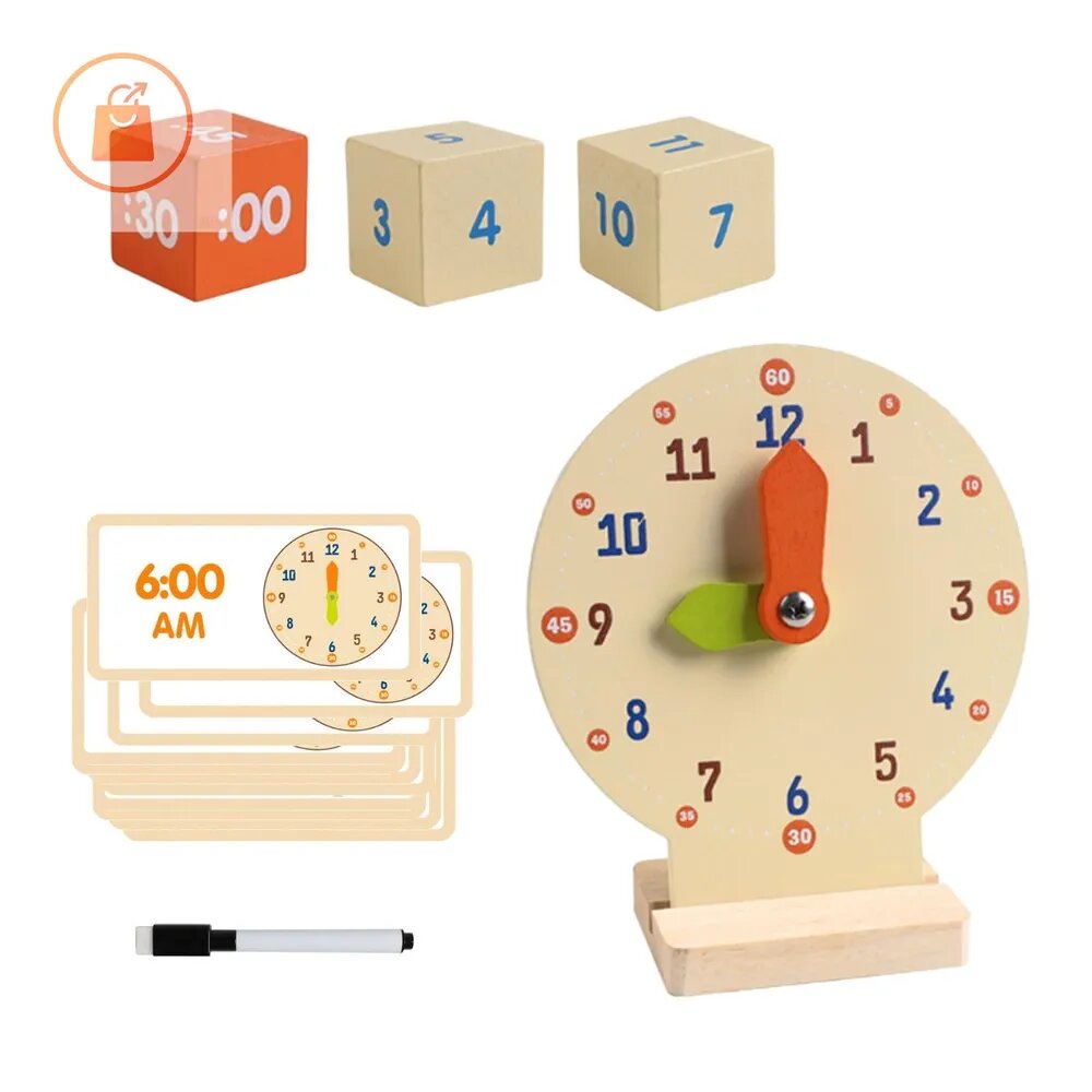 Детская деревянная обучающая игра в форме часов для изучения времени в 12-часовом формате с кубиками и карточками