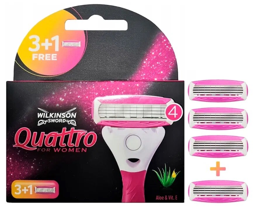 Wilkinson Sword / Schick женские Quattro for Women Сменные кассеты для бритвы, (3+1) 4 шт.