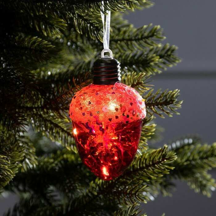 Ёлочный шар Жёлудь красный, 12×7 см, 4 LED, от батареек, свечение тёплое белое