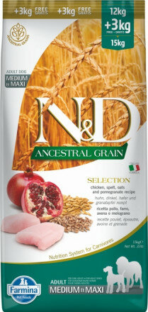 N&D ancestral grain dog курица, спельта, овес и гранат для взрослых собак medium и maxi 15 кг