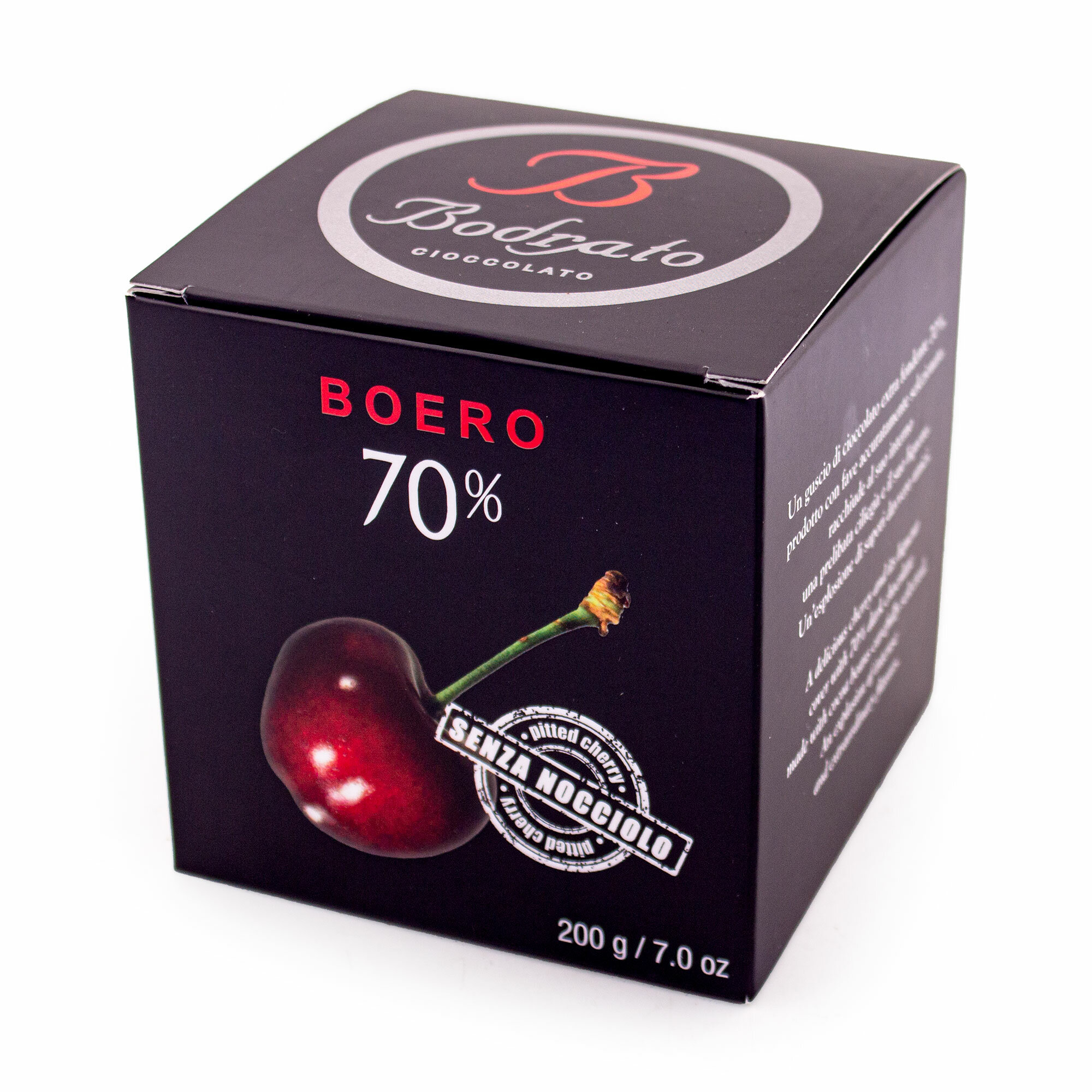 Конфеты Боеро черешня с граппой в темном шоколаде, BODRATO CIOCCOLATO, 0,200 кг (карт/кор кубиком)
