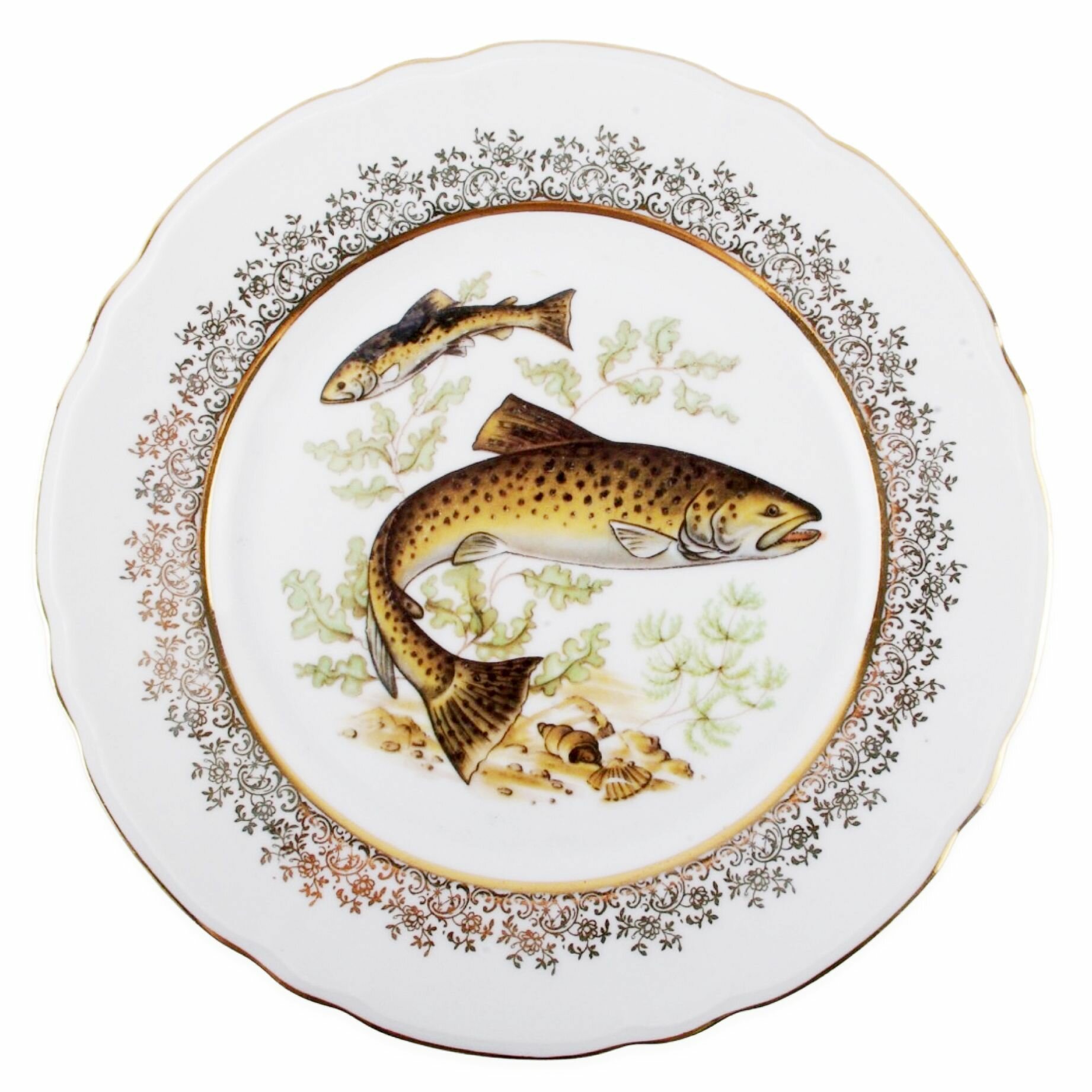 Винтажная декоративная тарелка "Серия речных рыб". Фарфор, деколь, золочение. Limoges, Франция, вторая половина ХХ века.