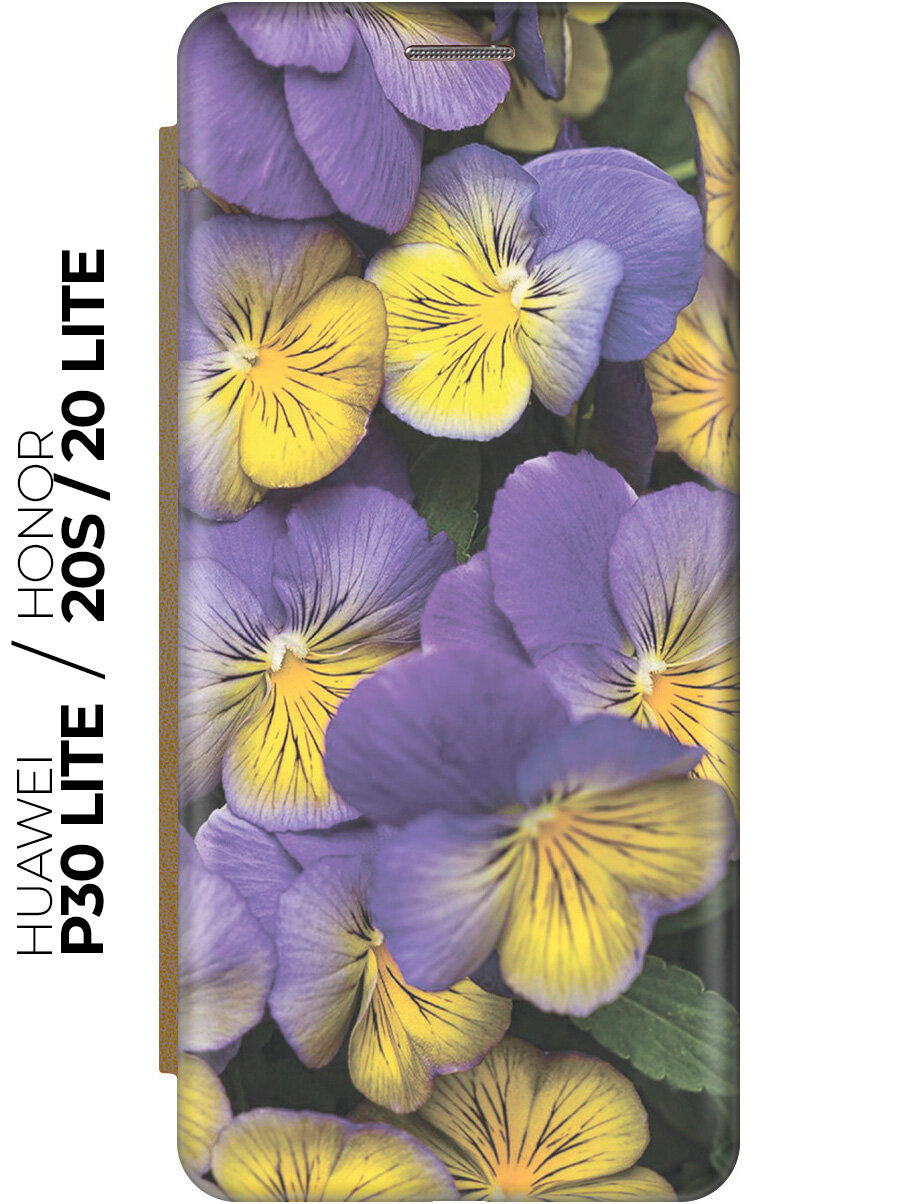 Чехол-книжка Фиолетовые и желтые фиалки на Honor 20 Lite / 20s / Huawei P30 Lite / Хуавей П30 Лайт / Хонор 20 Лайт / 20s золотой