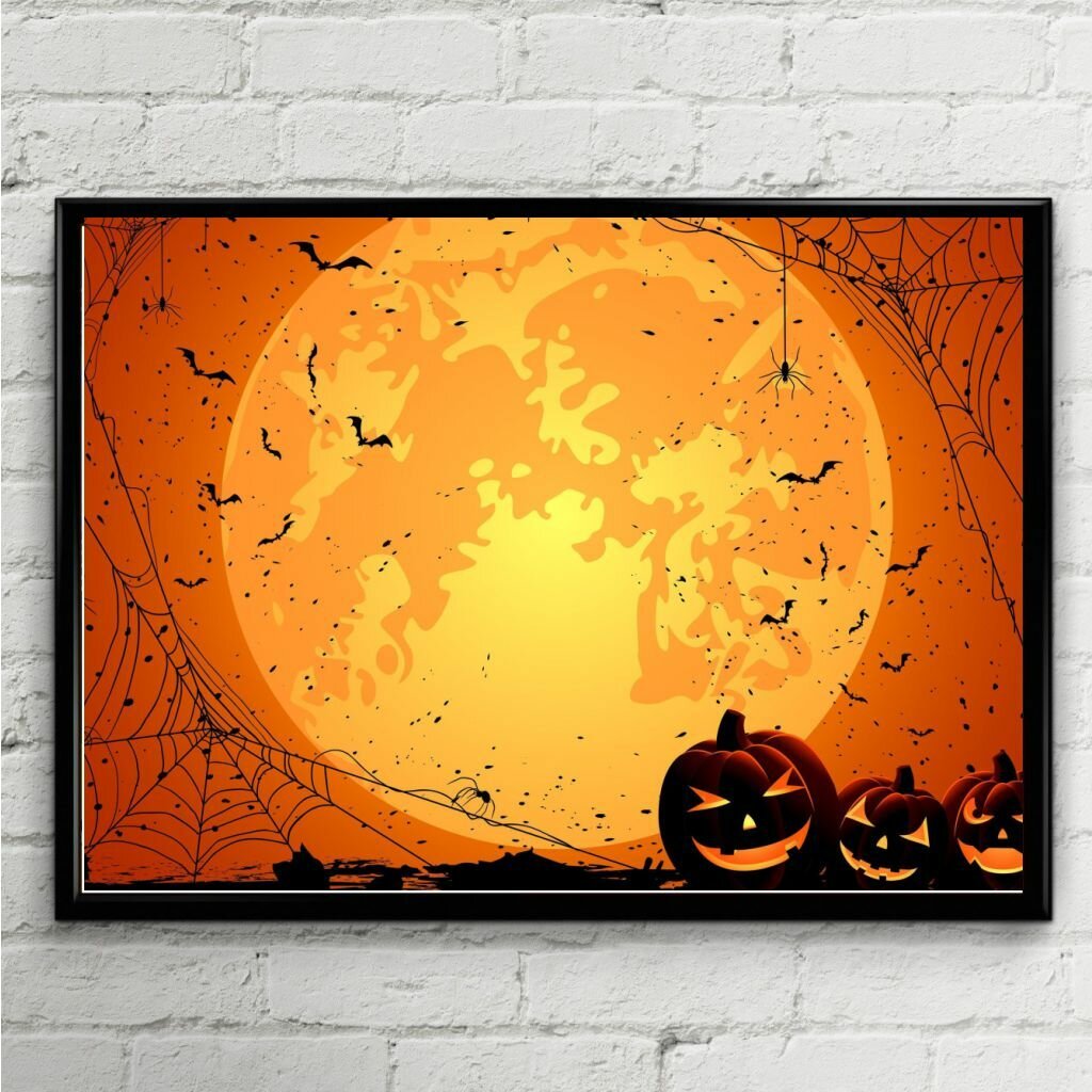 Плакат "Тыквы и летучие мыши на фоне огромной луны" на Хэллоуин (Halloween) от Cool Eshe А3