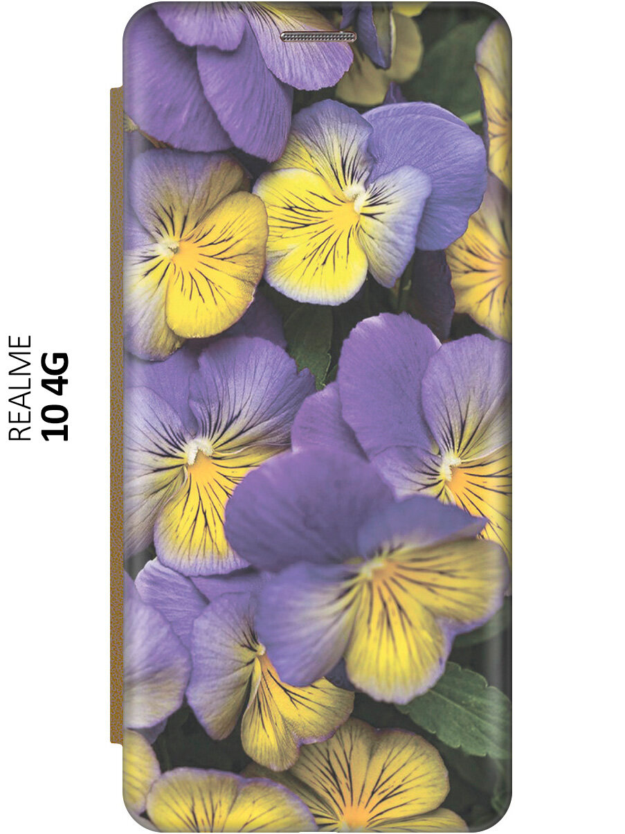 Чехол-книжка Фиолетовые и желтые фиалки на Realme 10 4G / Рилми 10 4Г золотой