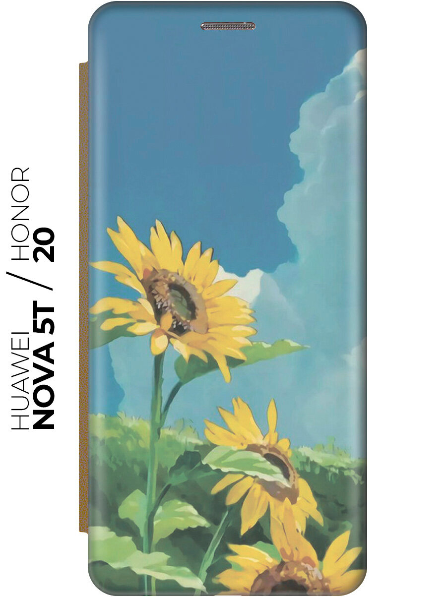 Чехол-книжка Три подсолнуха в поле на Honor 20 / Huawei Nova 5T / Хонор 20 / Хуавей Нова 5Т золотой