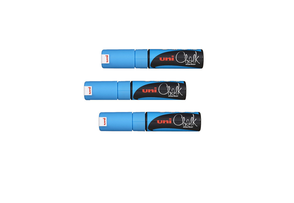 Маркер для окон и стеклянных поверхностей Uni Chalk PWE-8K, 8мм, голубой (комплект 3 штуки)
