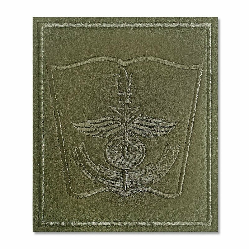 Шеврон Военной академии связи имени Маршала Советского Союза С. М. Будённого, полевой. С липучкой. Размер 85x100 мм по вышивке.