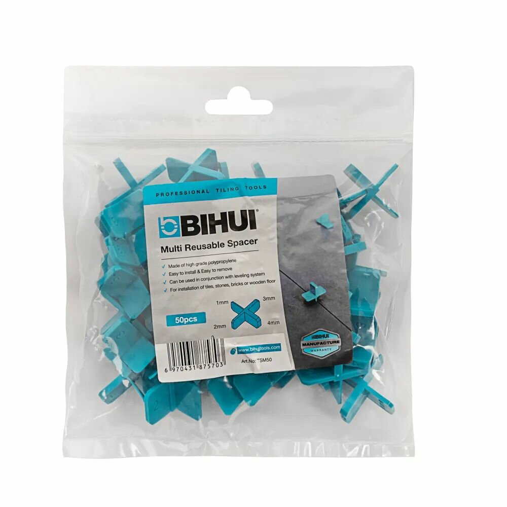Регуляторы плиточного шва BIHUI, многоразовые, полипропилен, бирюзовые, 50шт, арт. TSM50