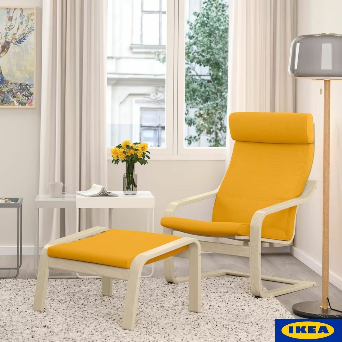 Кресло поэнг IEKA. Каркас березовый шпон с желтой подушкой-сиденье Шифтебу. Желтое кресло икеа-li