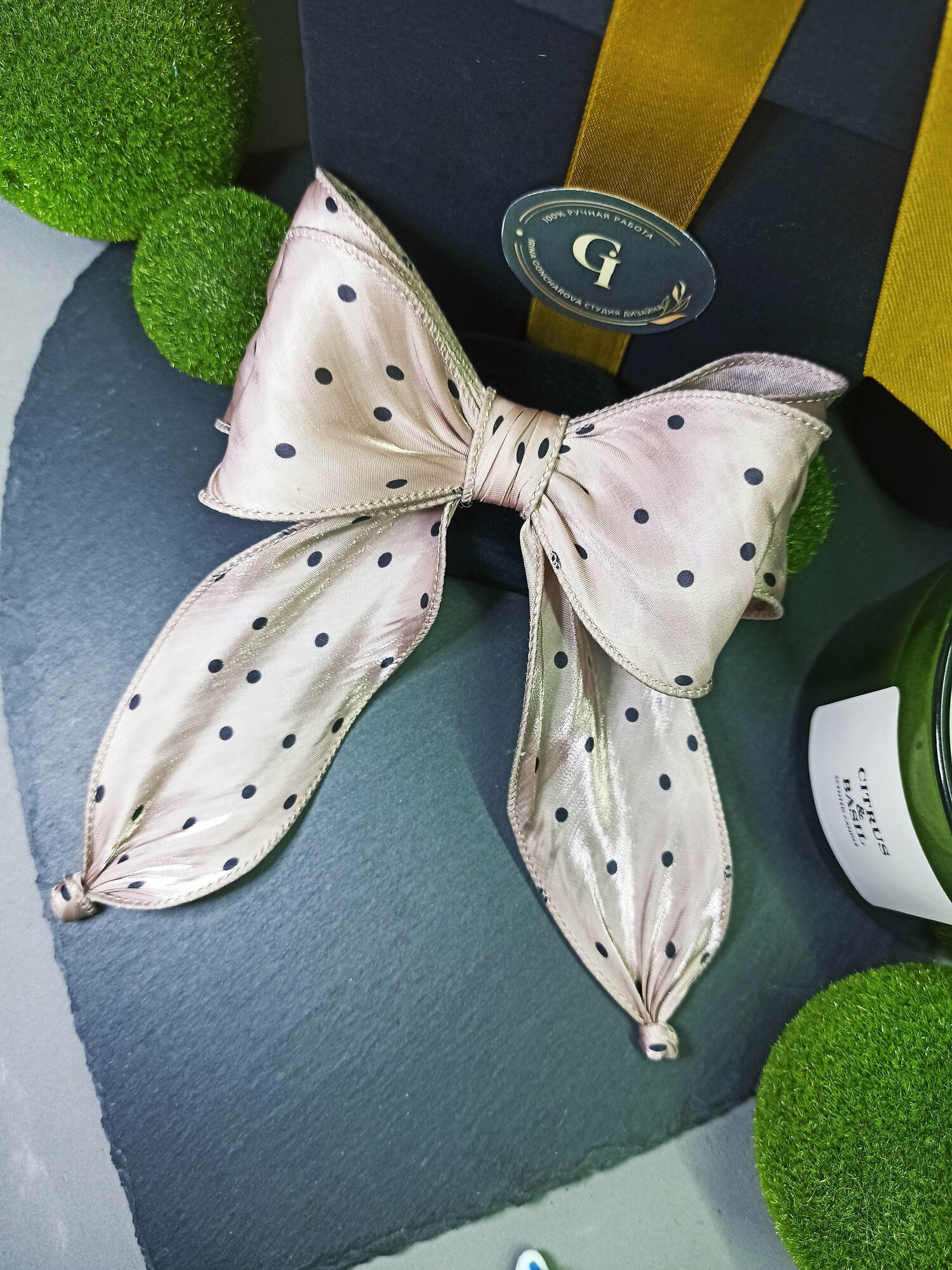 Бант для волос G.I.brand на заколке-автомат из шелковой ленты в горох для девушек