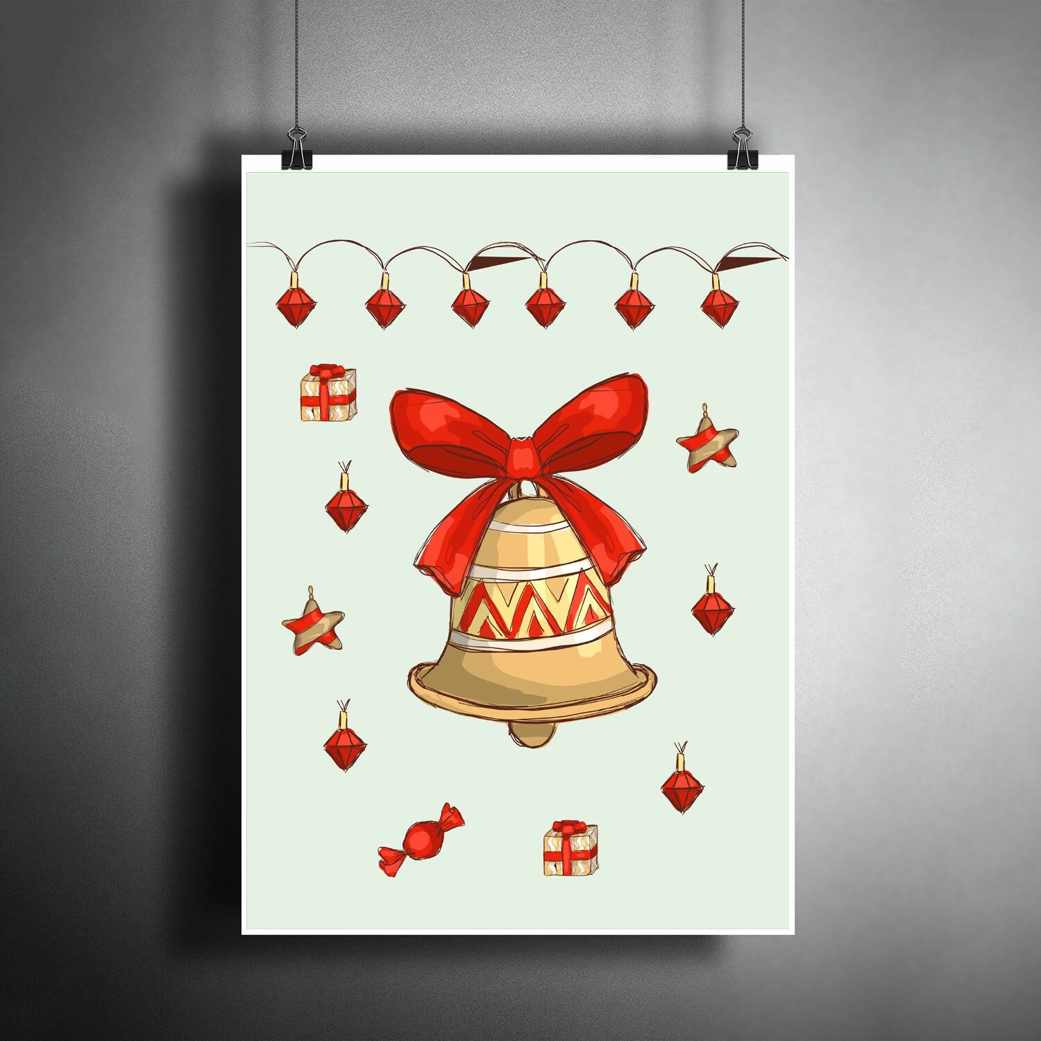 Постер плакат "Новогодние колокольчики" / Декор для дома, офиса, комнаты, квартиры, детской A3 (297 x 420 мм)