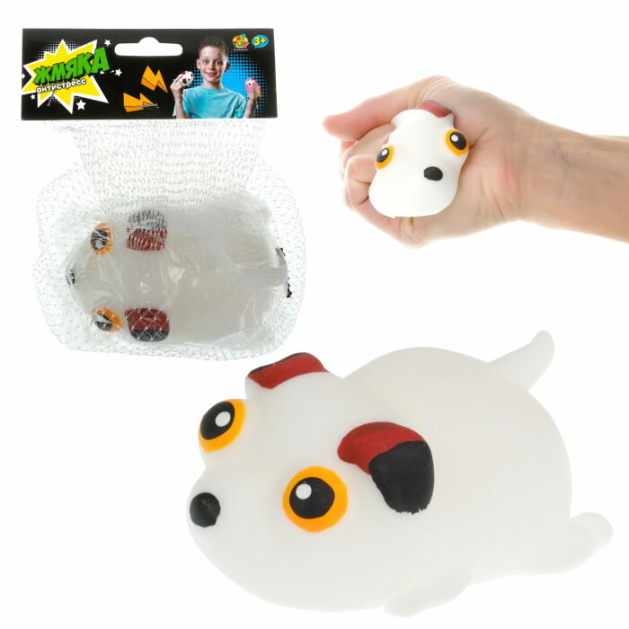Игрушка-антистресс 1toy Жмяка "Собаки" белая с чёрными ушами, мялка для рук
