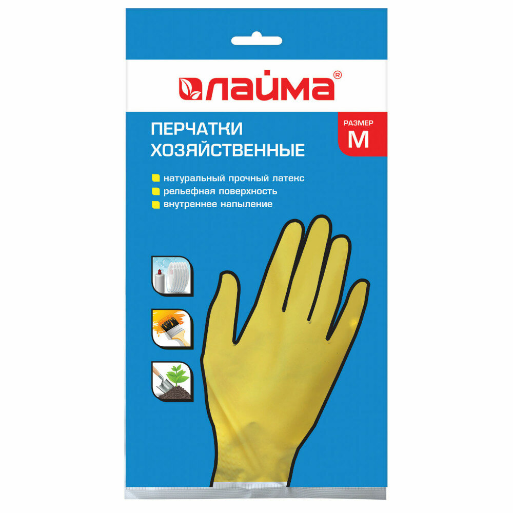 Перчатки хозяйственные латексные LAIMA "Стандарт", многоразовые, х/б напыление, размер М (средний), 600353, 1 шт