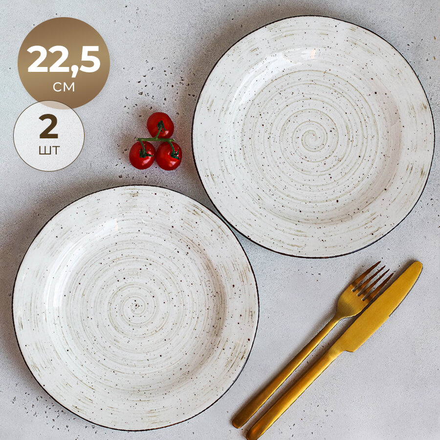 Тарелка фарфоровая круглая плоская обеденная с широким бортом 22,5 см, набор тарелок 2 шт.