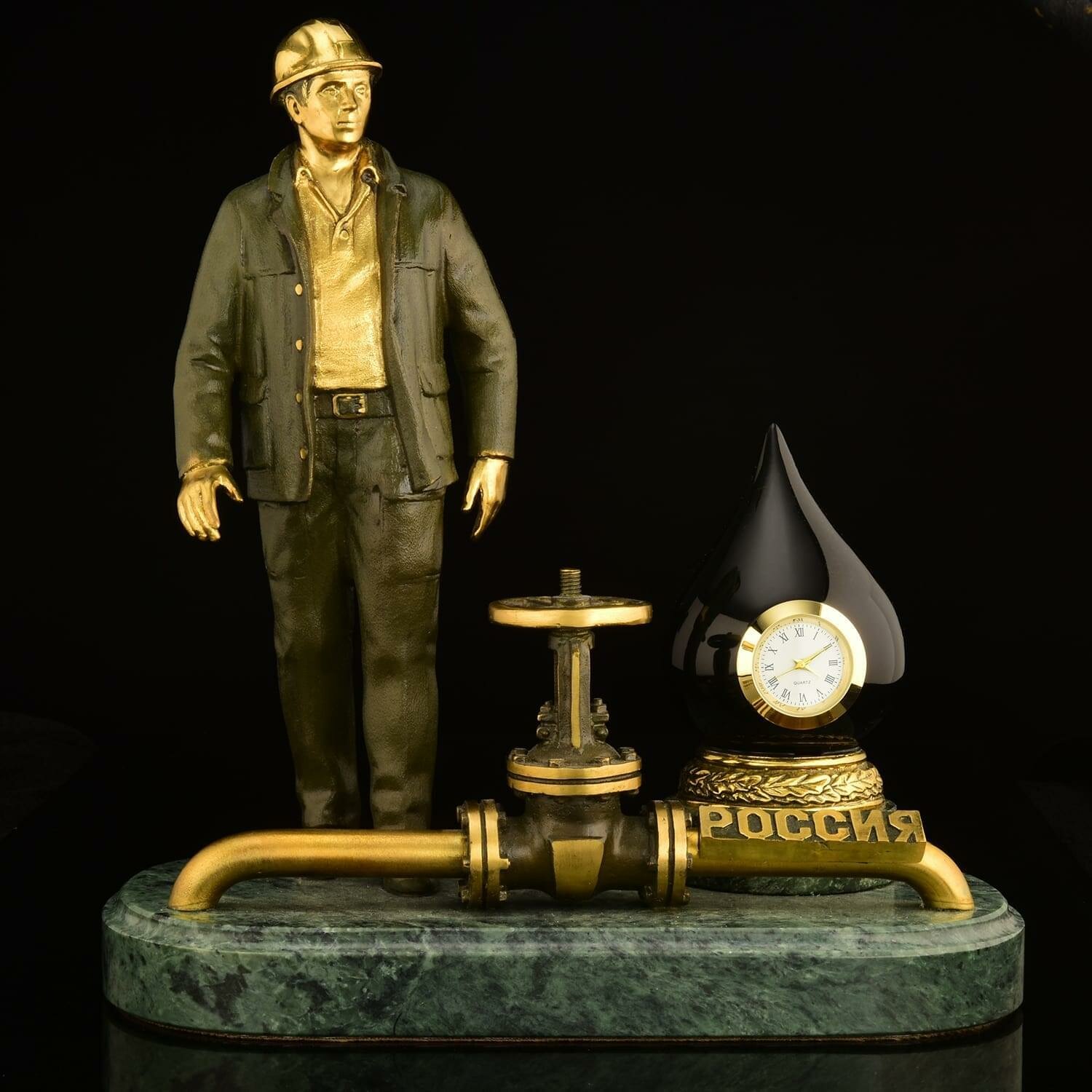 Бронзовая статуэтка с часами "Работник нефтяной промышленности"