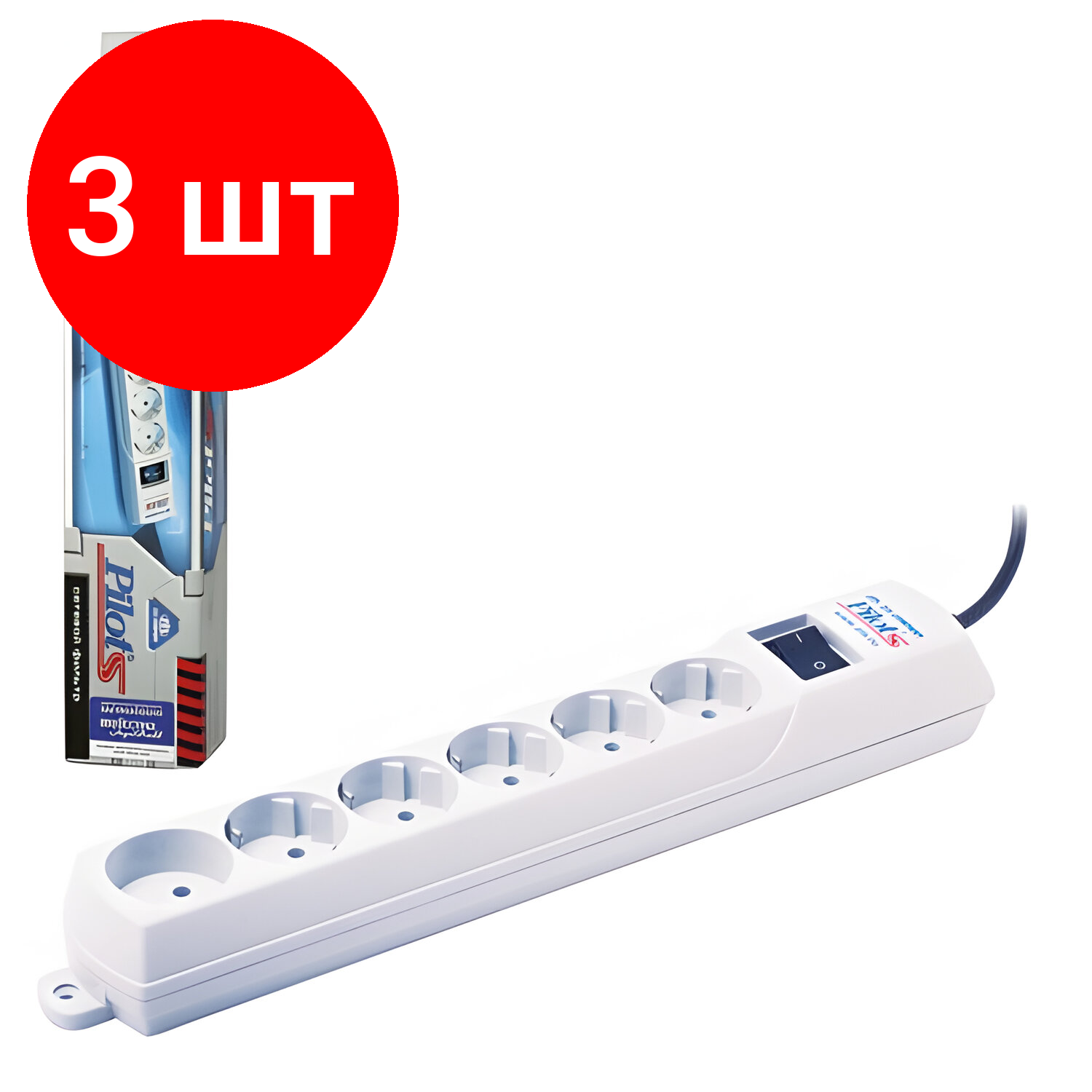Комплект 3 шт, Сетевой фильтр PILOT "S", 5 компьютерных розеток + 1 бытовая розетка, 1.8 м, белый