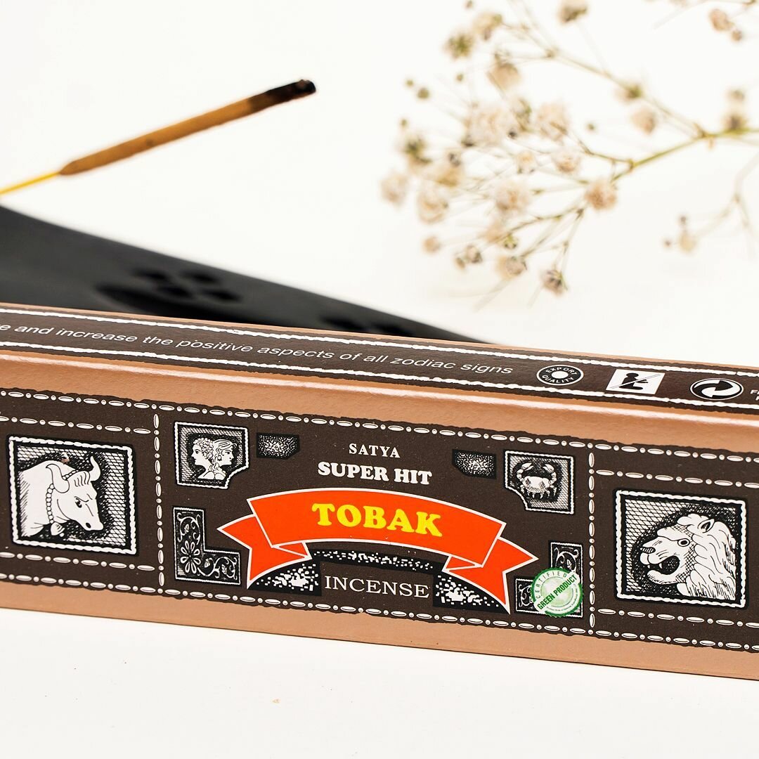 Индийские благовония Сатья Супер Хит Тобак (Satya Super Hit Tobak) натуральные ароматические палочки для дома, йоги, медитации, релакса, очистки воздуха и ароматерапии 15 гр