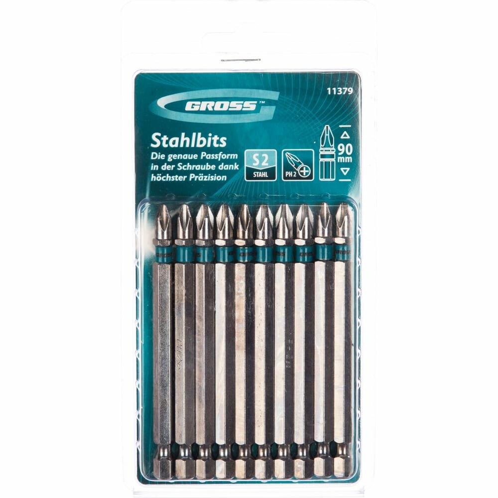 Набор бит РН2х90, сталь S2, 10шт GROSS 11379, с хвостовиком 1/4 дюйма