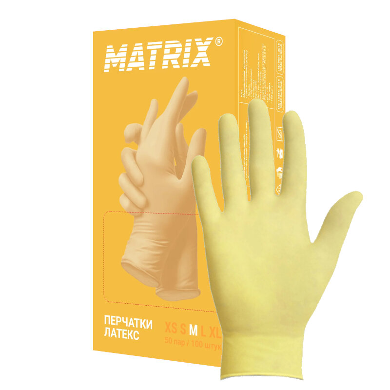 Перчатки латексные смотровые неопудренные Matrix Premium Latex двукратное хлорирование (50 пар, M)