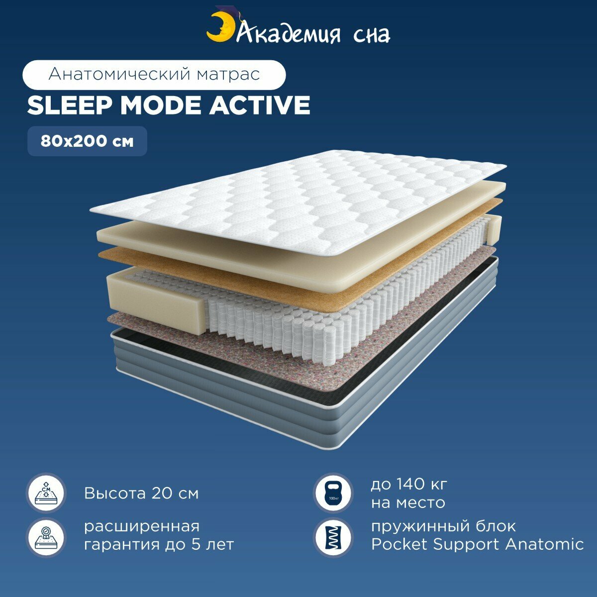 Матрас анатомический Академия Сна Sleep Mode ACTIVE, независимый пружинный блок 80x200