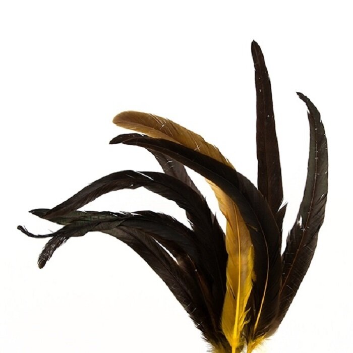 Декоративные перья "Петушиный хвост" черно-желтые 35 см, 9 шт. в упаковке, для декора
