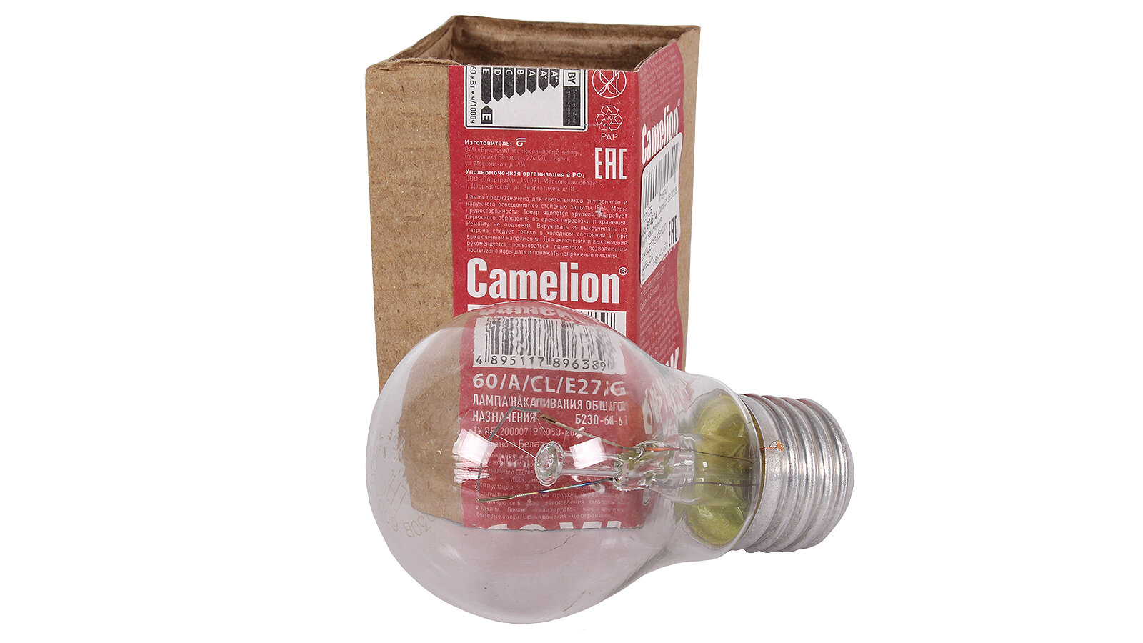 Лампа накаливания CAMELION 60/A/CL/E27/G, 60Вт, 220V, 2700К, 1000 ч
