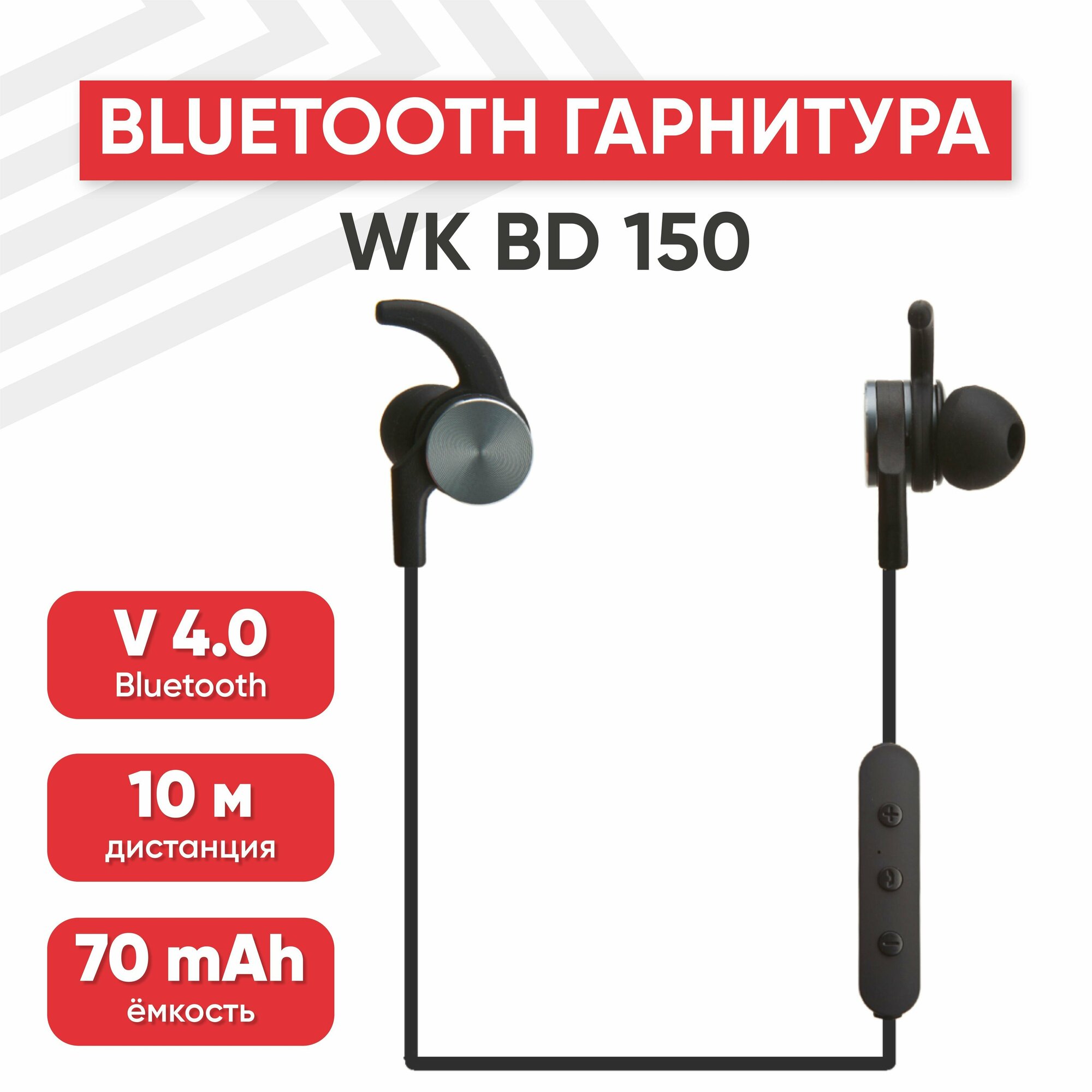 Bluetooth гарнитура WK BD150, 70мАч, BT4.0, внутриканальные, черный