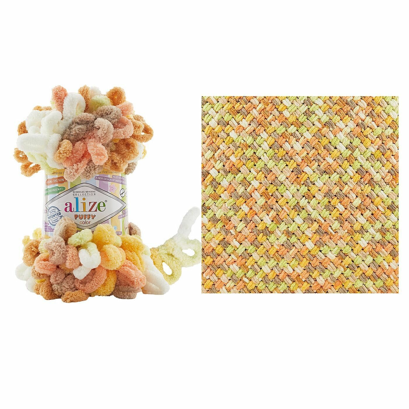 Пряжа PUFFY COLOR (Alize), сал/оранж/беж - 6528, 100% микрополиэстер, 5 мотков, 100 г, 9 м.