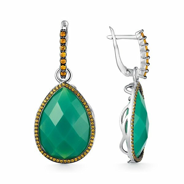 Серьги с подвесками, серебро, 925 проба, родирование, хризопраз, фианит