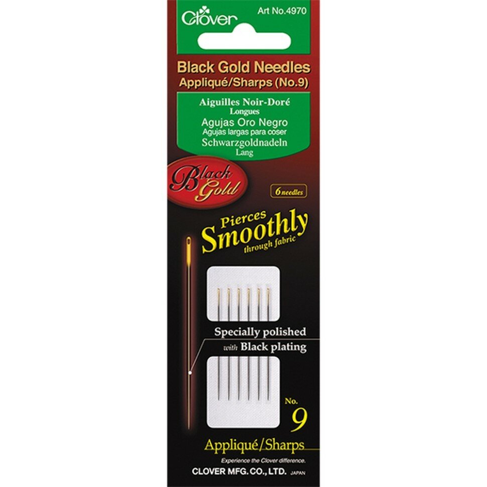Clover 4970 Черно-золотые иглы для аппликаций, острые №9, 6 шт