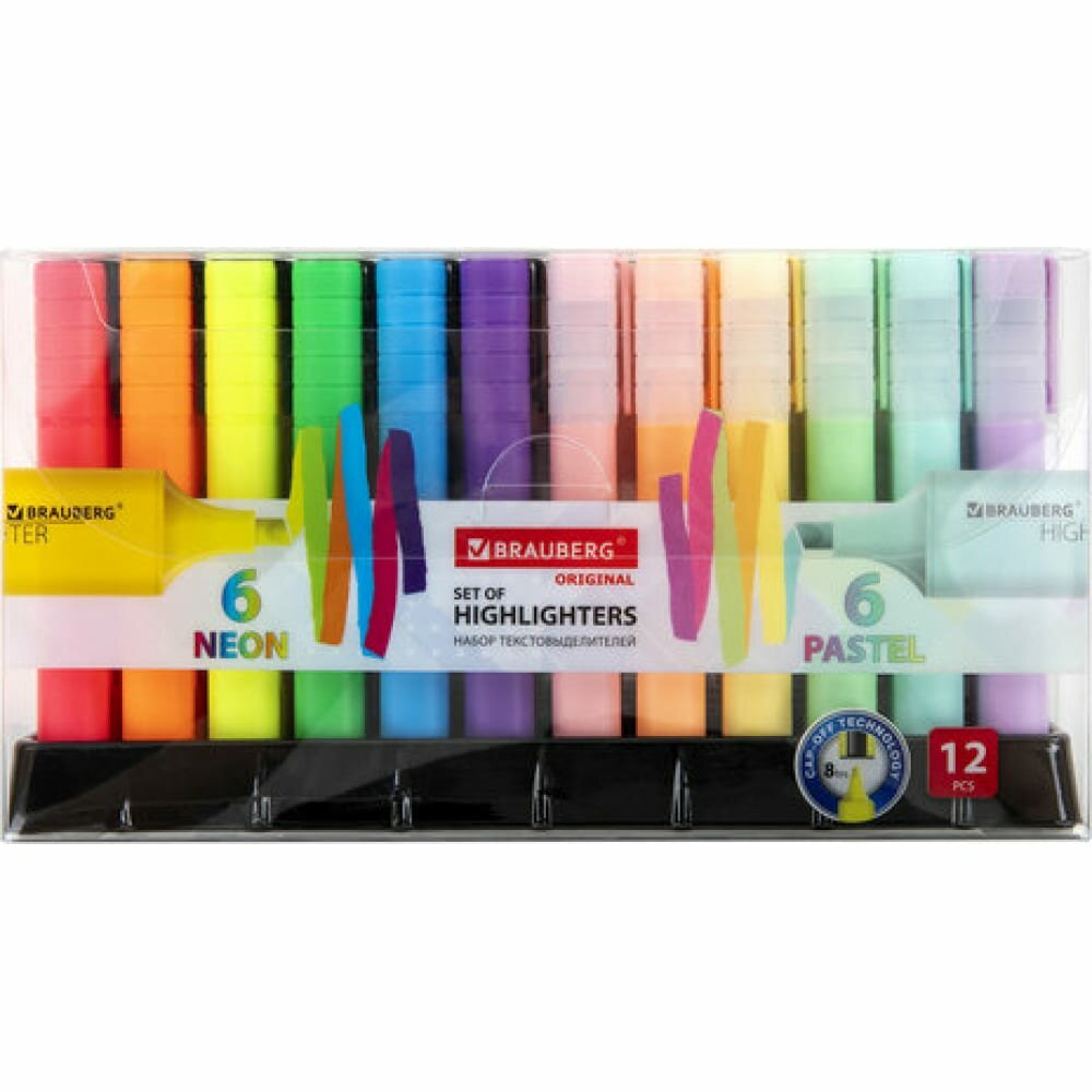 Набор текстовыделителей BRAUBERG ORIGINAL 12 цветов, линия 1-5 мм 152217