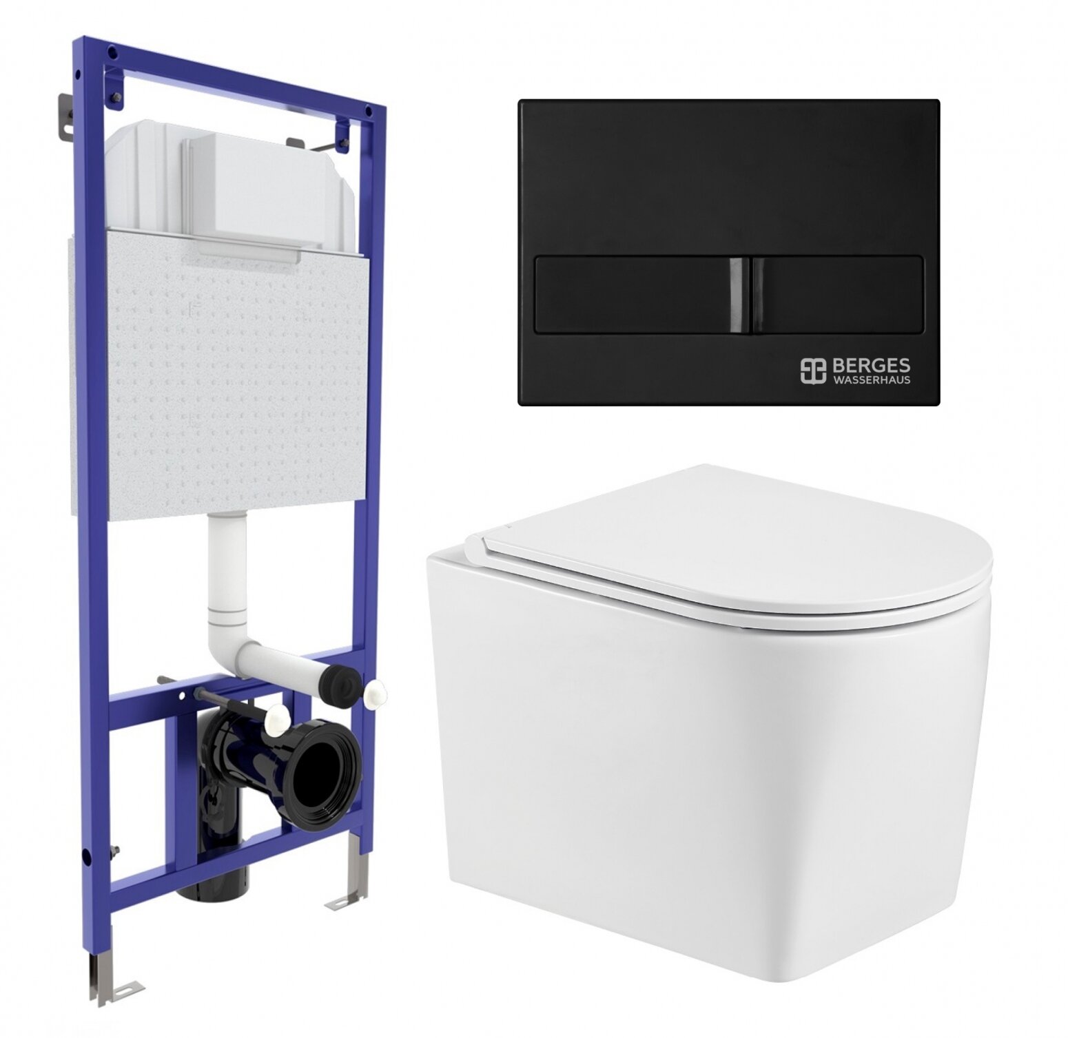Комплект 3 в 1 инсталляция Berges Wasserhaus Novum L5 + Унитаз подвесной WeltWasser Nesenbach 004 GL-WT + кнопка черная