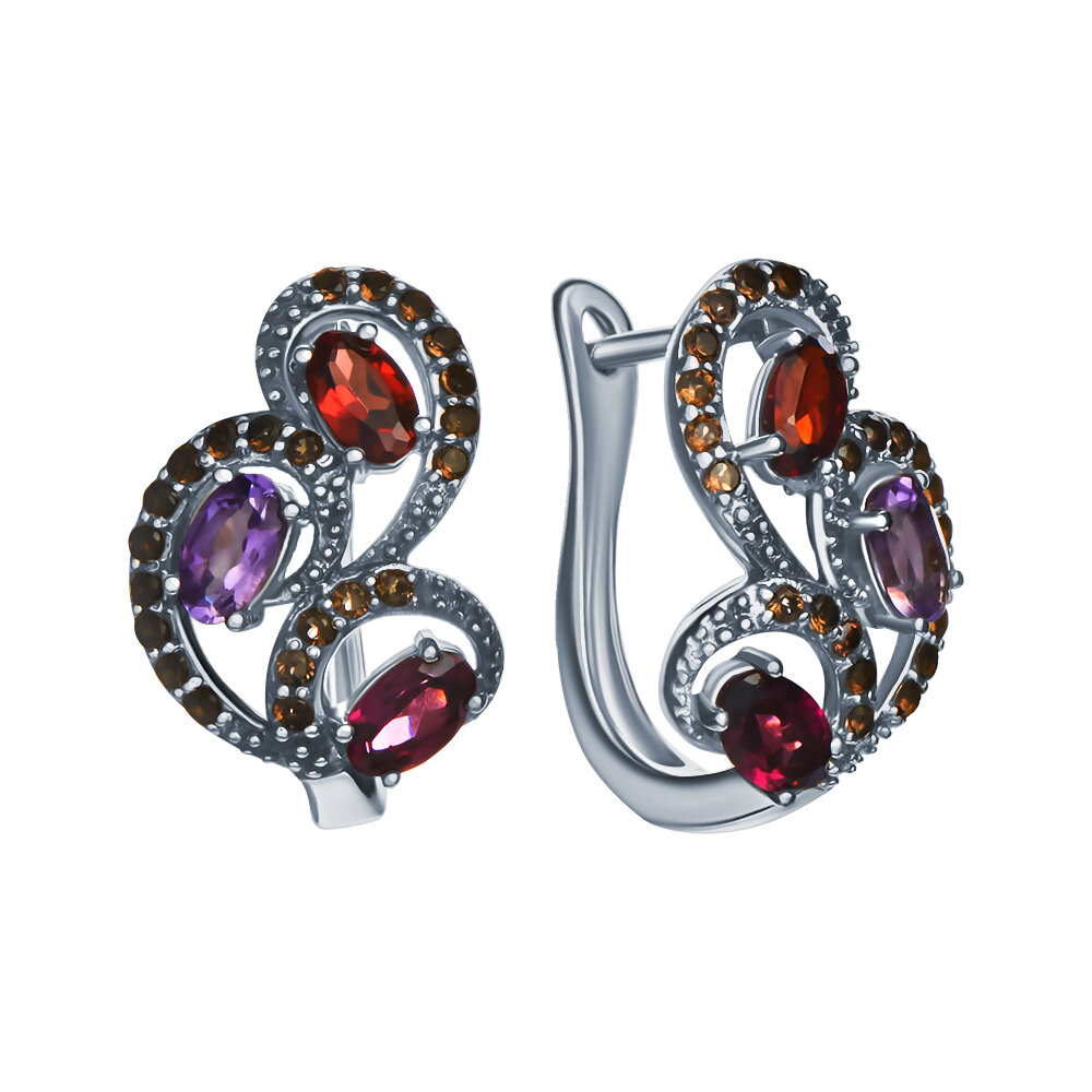 Серьги, серебро, 925 проба, аметист, гранат, родолит, раухтопаз