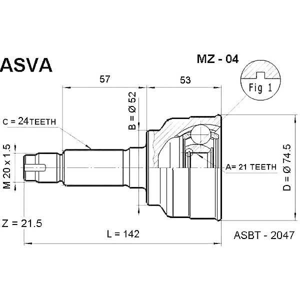 ASVA MZ-04 (0K30A2251 / 0K30A22510 / 0K30A2261) шрус Mazda (Мазда) 323 familia(bd, bf) festiva demio(dw) revue(db) avella 1.3 rio