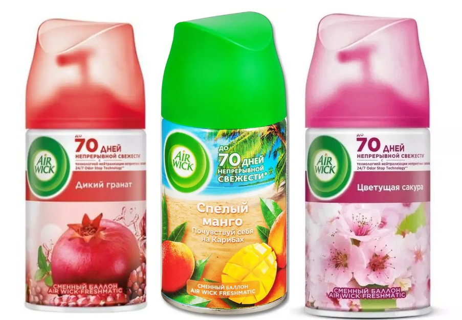 Cменный баллон Air Wick Сочный манго, Дикий гранат, Цветущая сакура, 3 шт х 250 мл