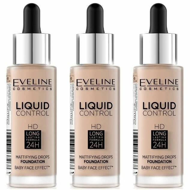 Eveline Cosmetics Инновационная жидкая тональная основа Liquid control, тон №030 Sand beige, 32 мл, 3 шт