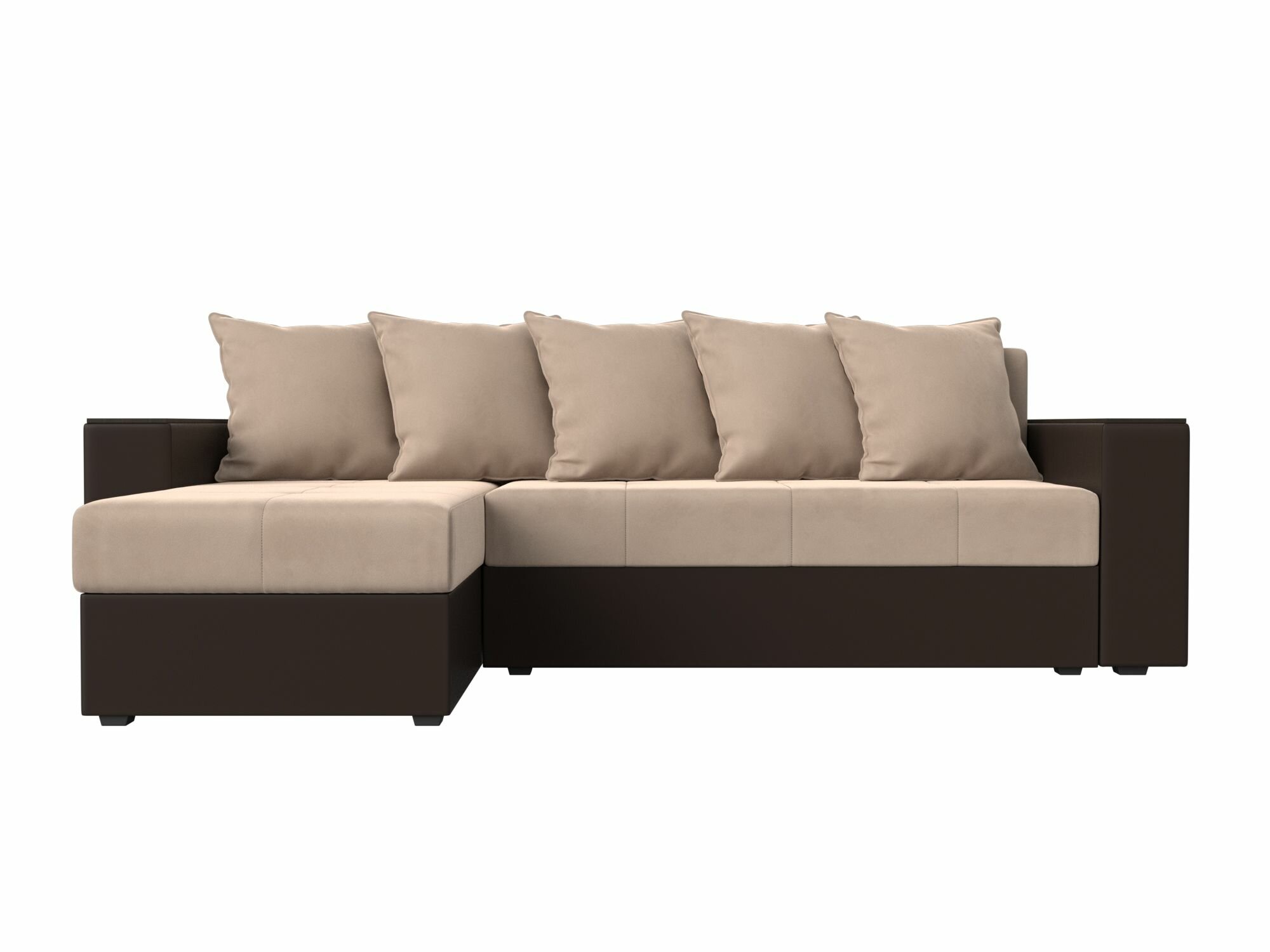 Диван угловой Дубай Лайт левый угол, велюр бежевый, экокожа коричневая