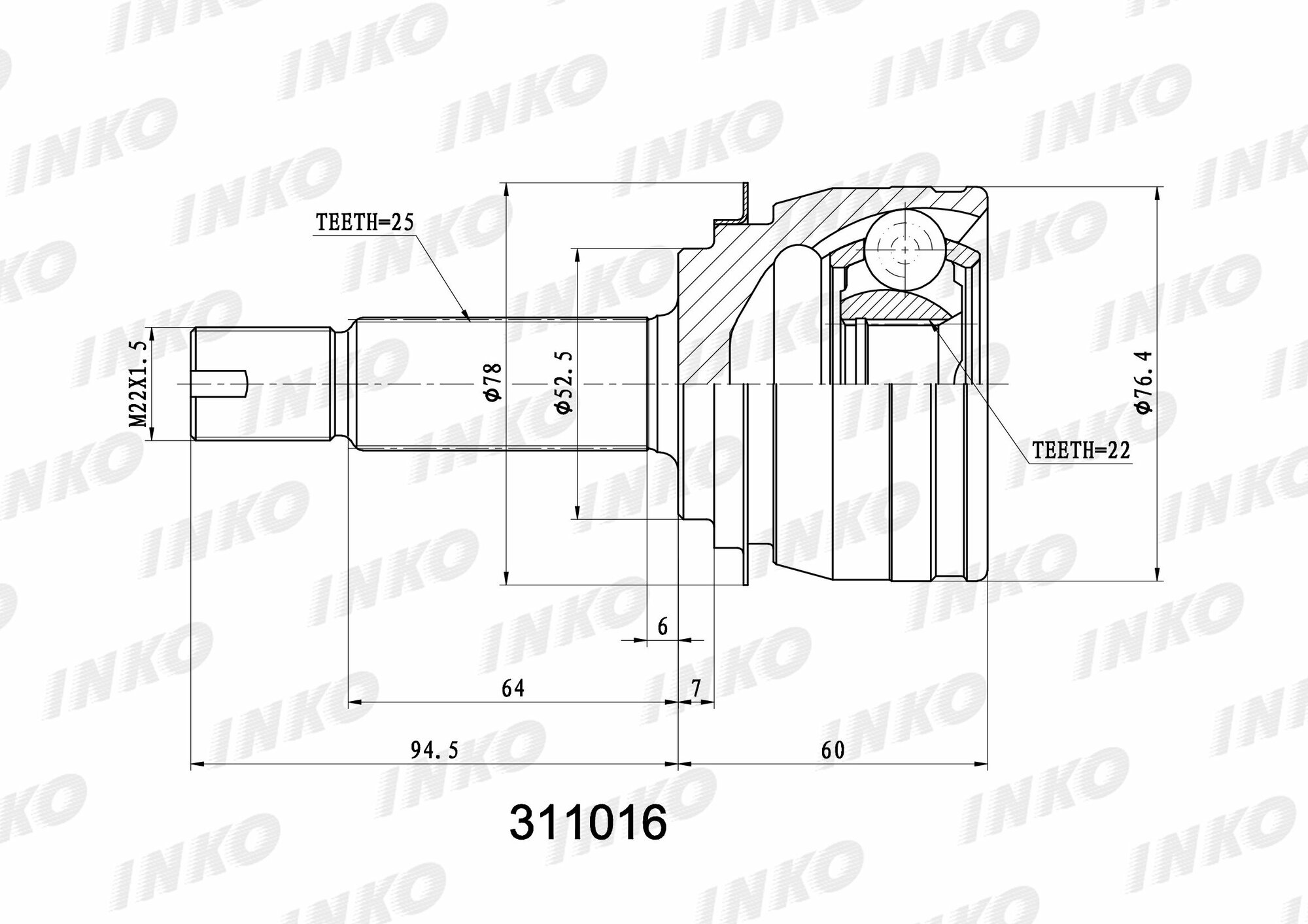 ШРУС внешний 25 22 перед прав лев INKO 311016