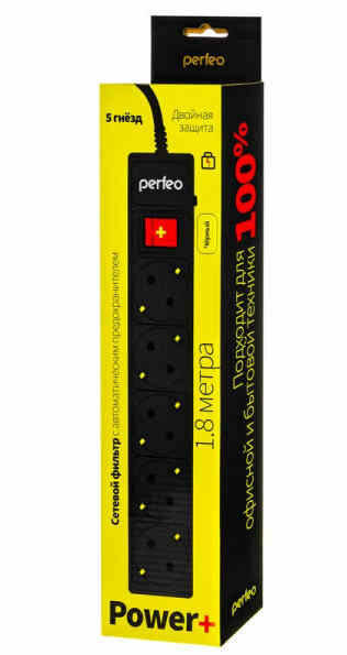Сетевой фильтр Perfeo "POWER+", 1,8м, 5 розеток, черный (PF-PP-5/1,8-B) PF_A4658