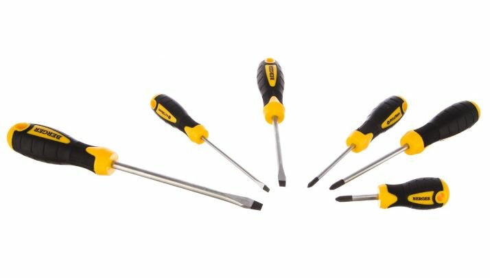 Набор отверток BERGER BG1061 6 предметов (SL4x100мм; SL6.5x100мм; SL8x150мм, PH2х38мм; PH2x100мм, PH1х75мм)