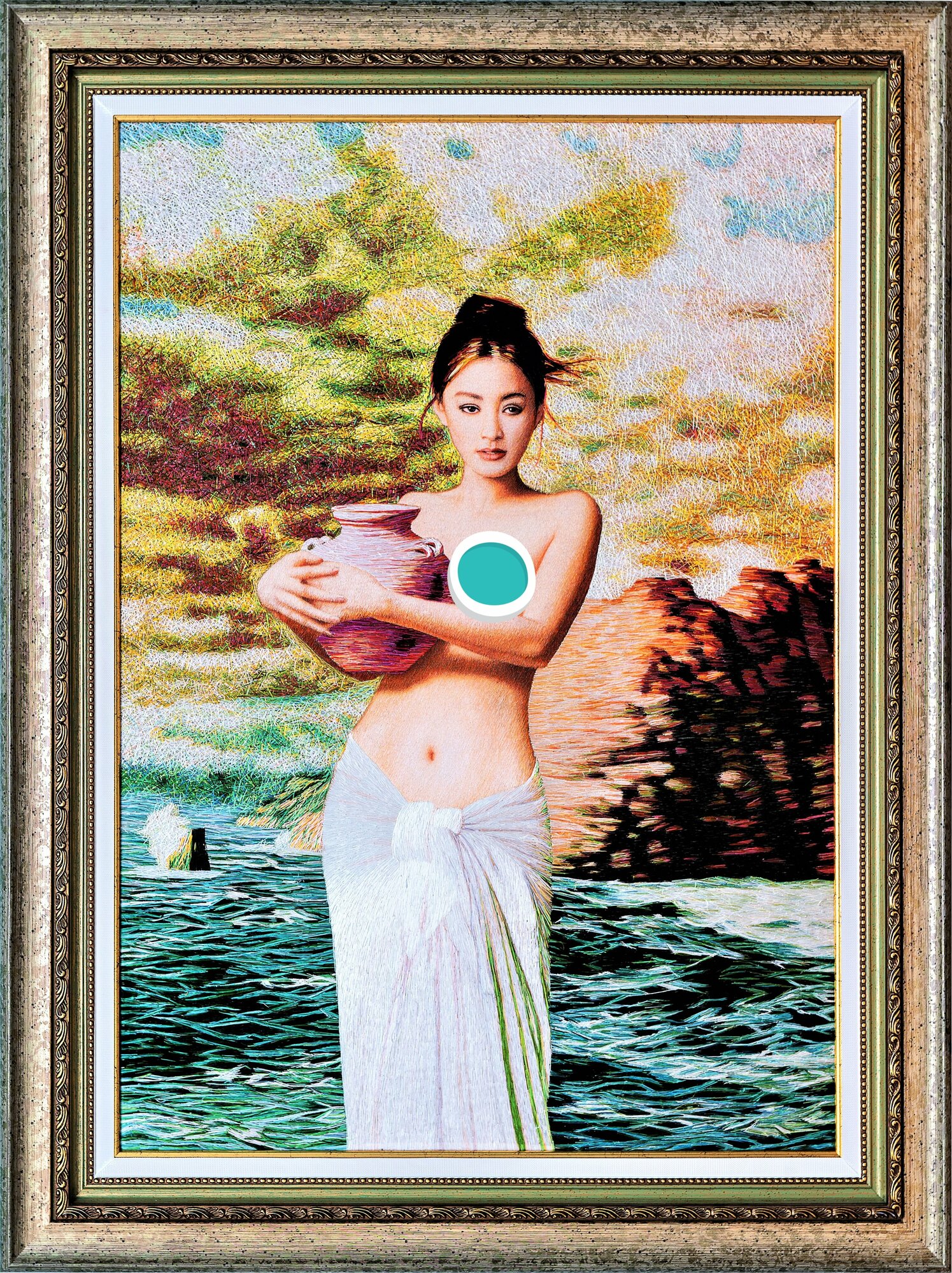 Декоративная настенная картина Живой Шелк Панно Девушка у моря, вышивка шелком ручная с 3Dэффектом/см 66х87х3/в багете