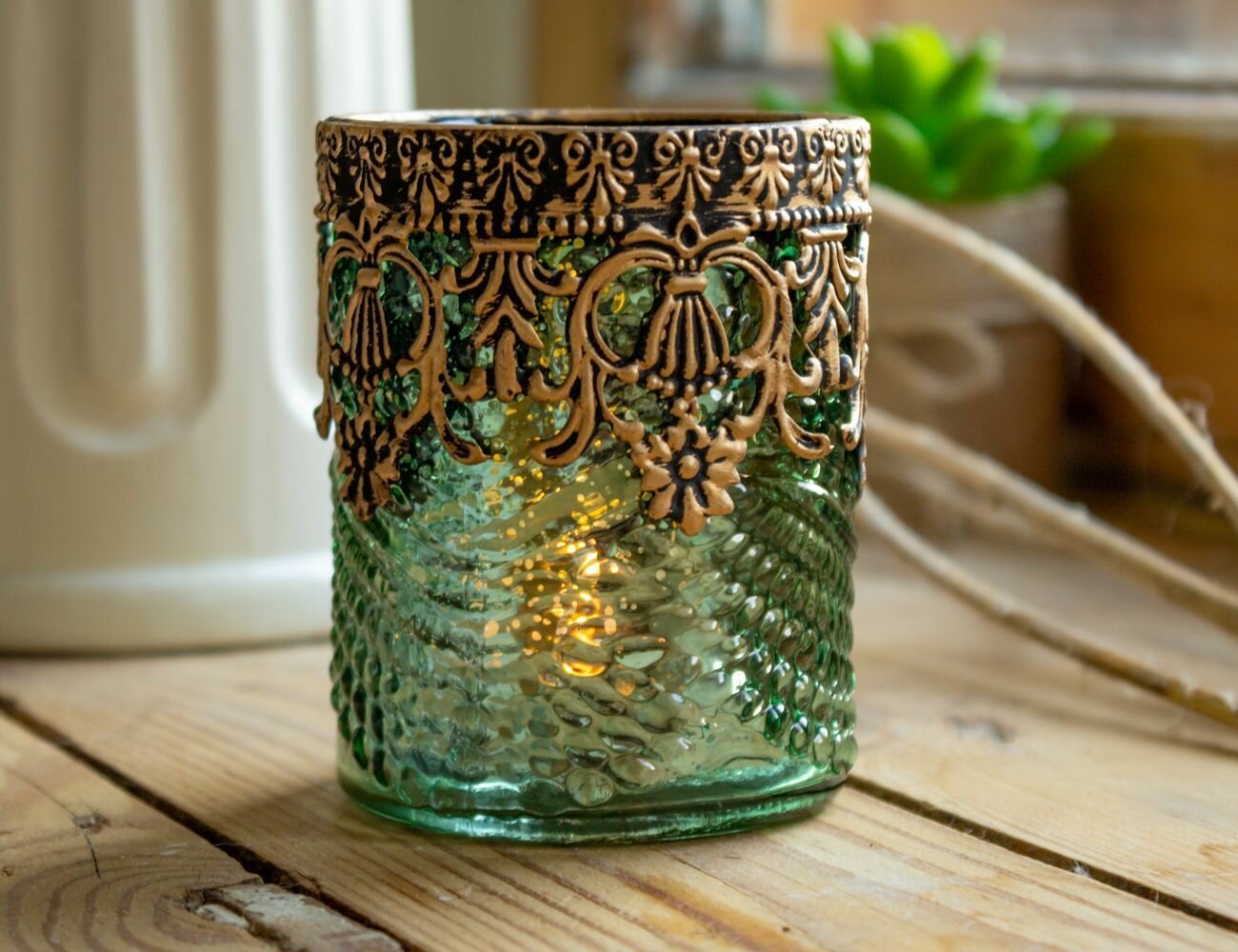 Стеклянный подсвечник кружевная филигрань, под чайную свечу, зелёный, 8.5 см, Goodwill FI10400
